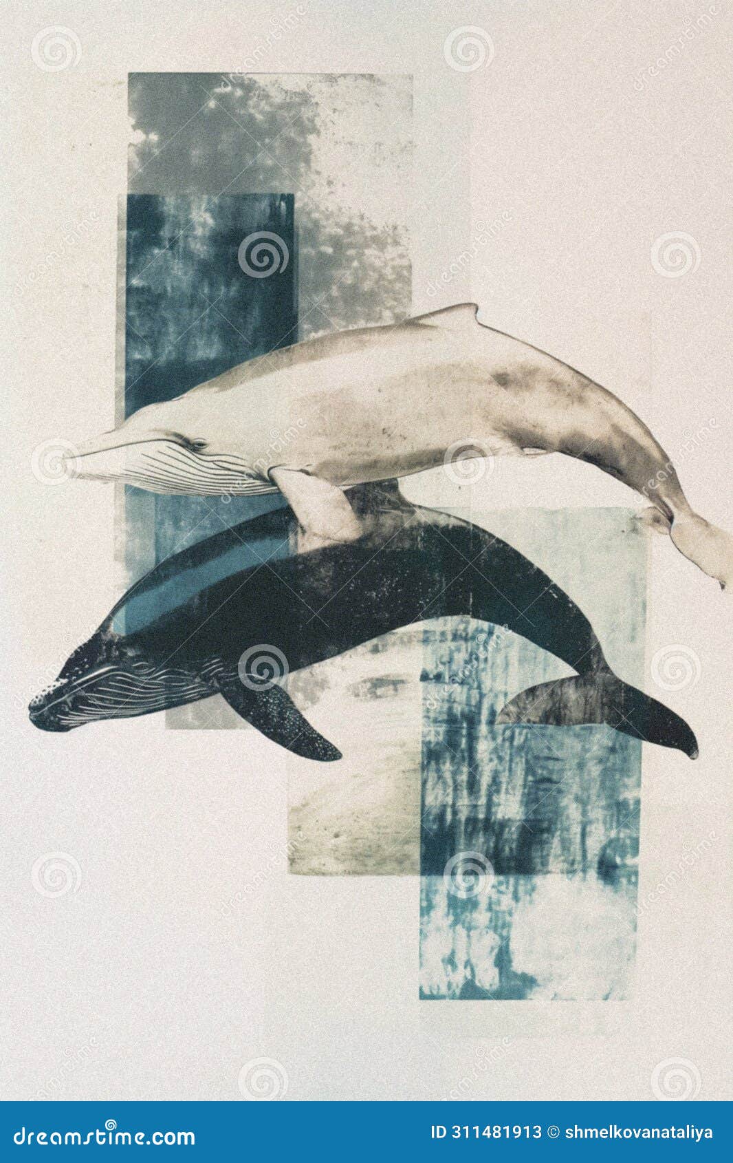 Contemporary Animal Collage Art with Whale, Risograph Print Stock ...