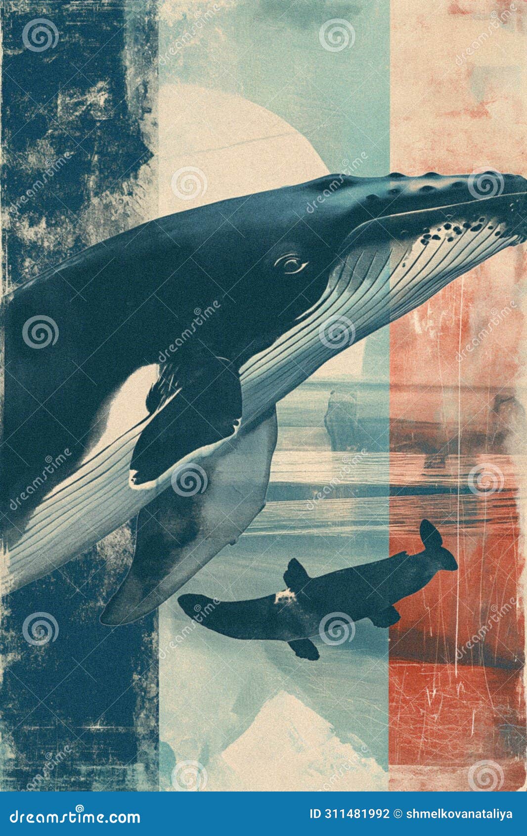 Contemporary Animal Collage Art with Whale, Risograph Print Stock ...