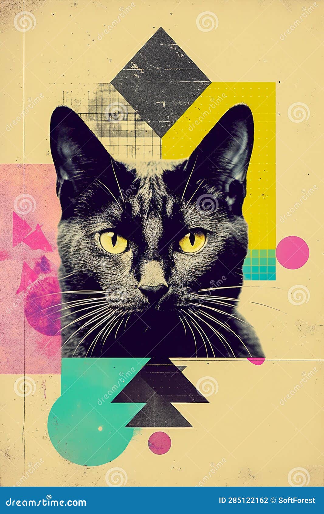 Contemporary Art Collage with Cat, Abstract Organic Shape and Suculent ...