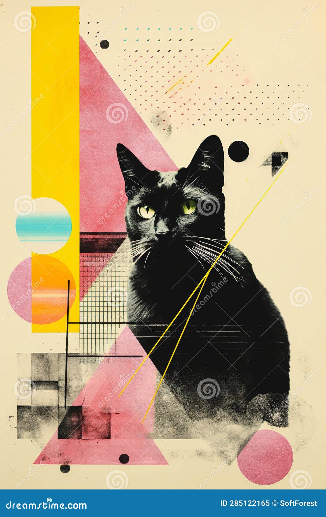 Contemporary Art Collage with Cat, Abstract Organic Shape and Suculent ...