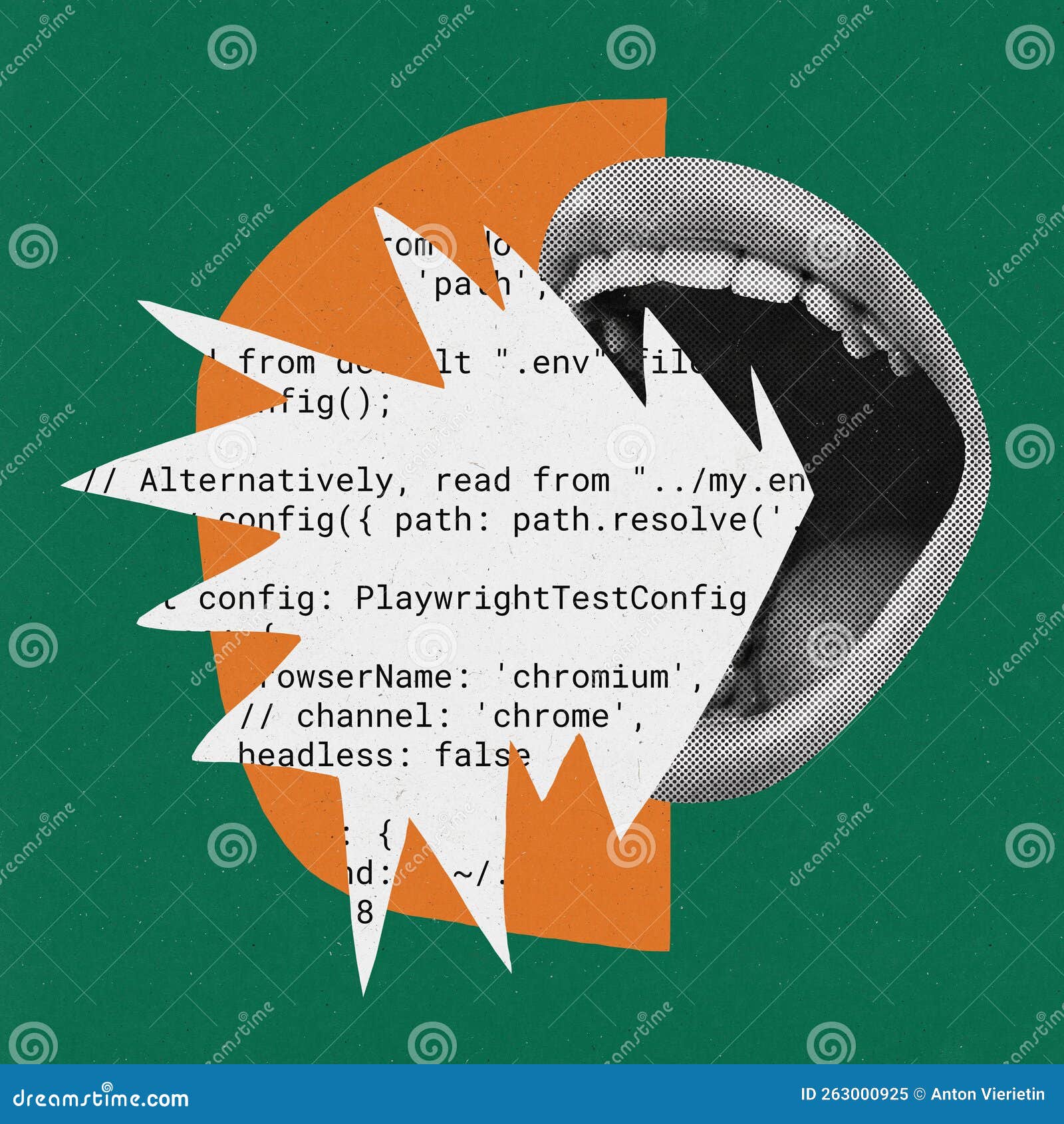 Contemporary Art Collage. Creative Design. Female Mouth Shouting Coding ...