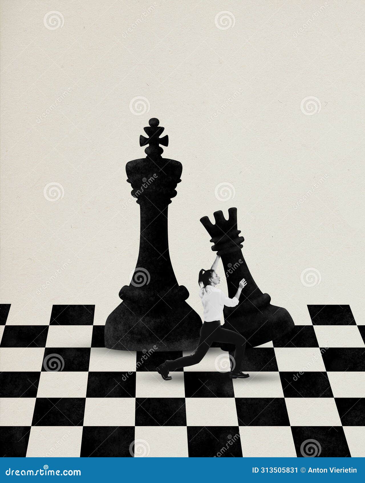 Contemporary Art Collage. Girl Puts Checkmate on Chessboard ...