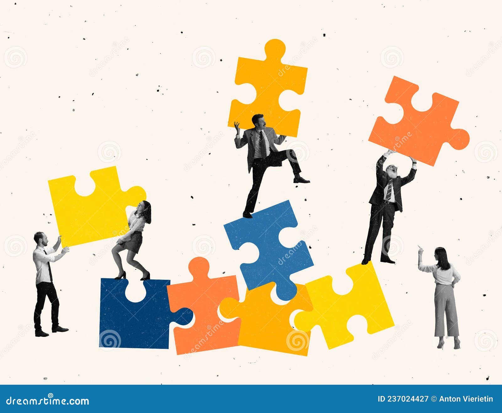 Contemporary Art Collage. Group of People Making Puzzles, Team Work ...