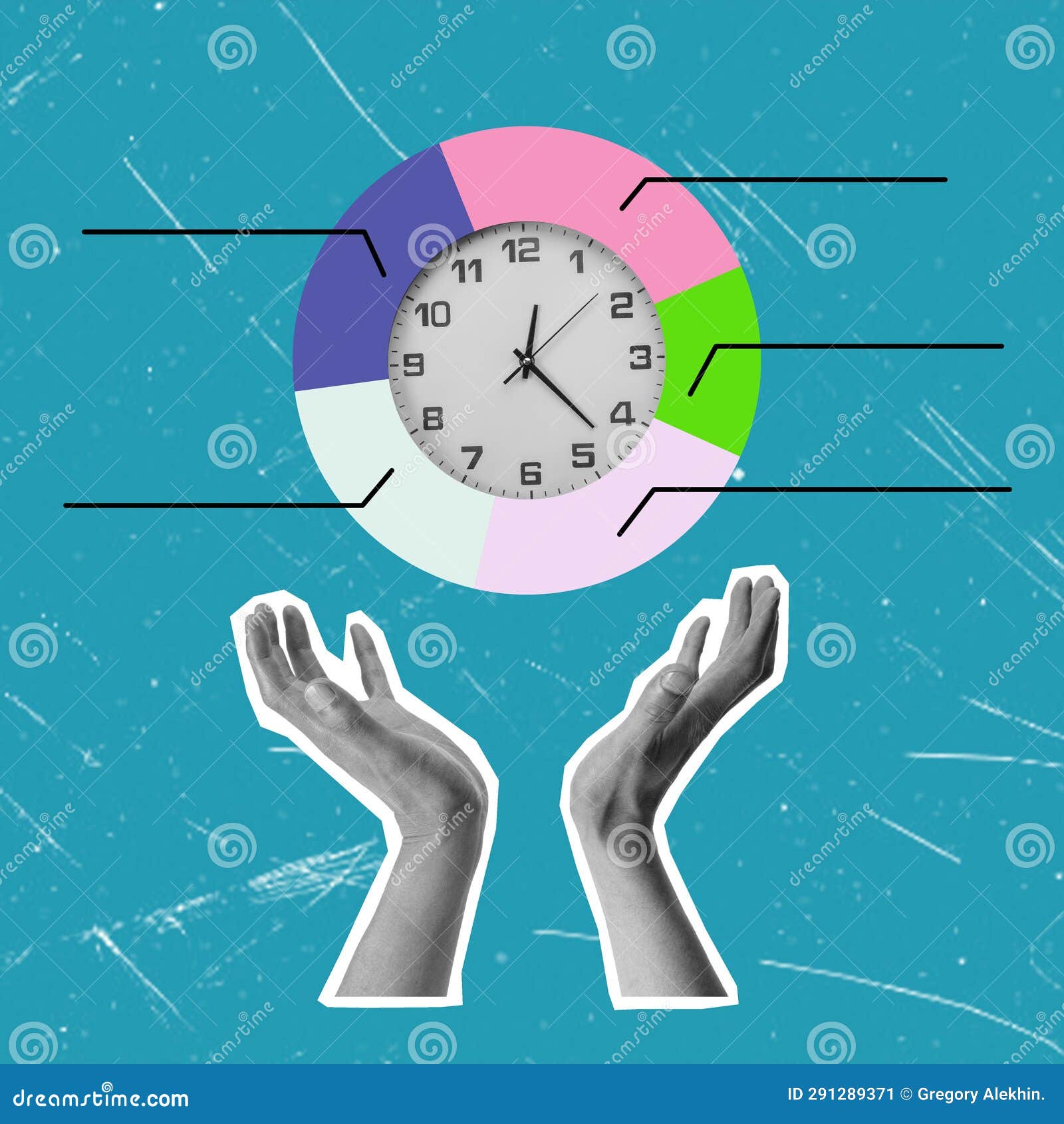 Contemporary Art Collage, Hands Reaching for the Clock. Time Management ...