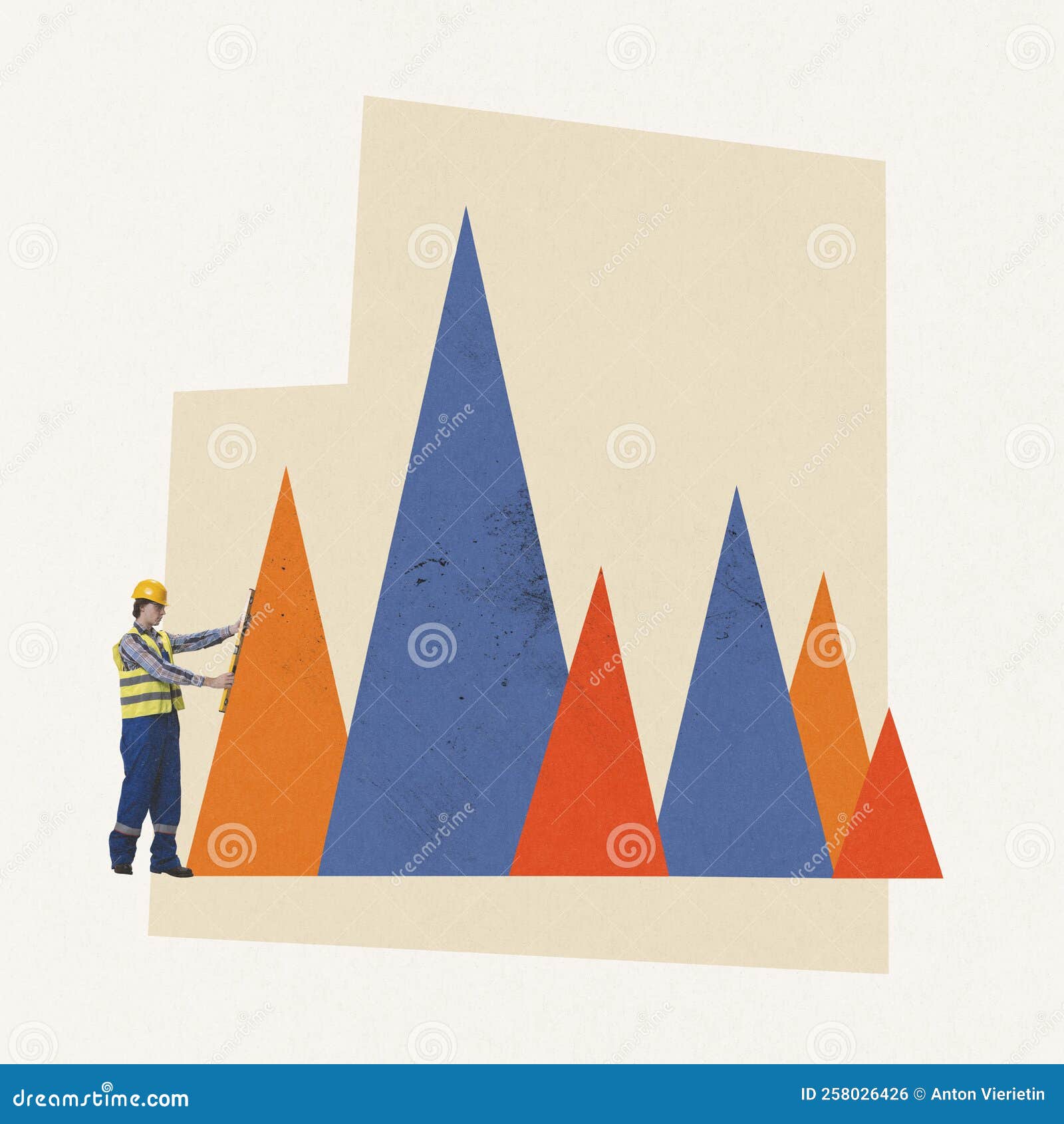 Contemporary Art Collage. Man, Technician Measuring Professional Graph ...