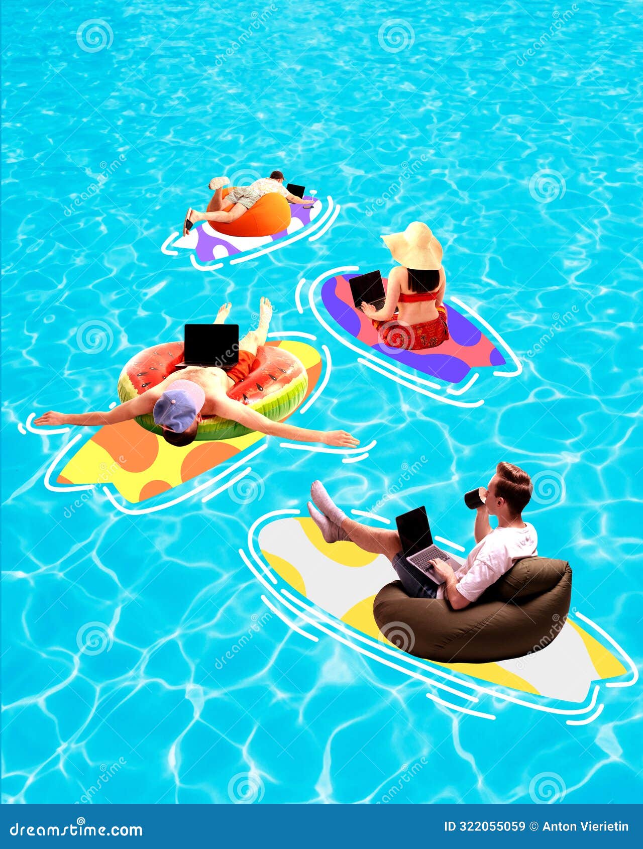 Contemporary Art Collage. People Float in Pool on Various Inflatables ...