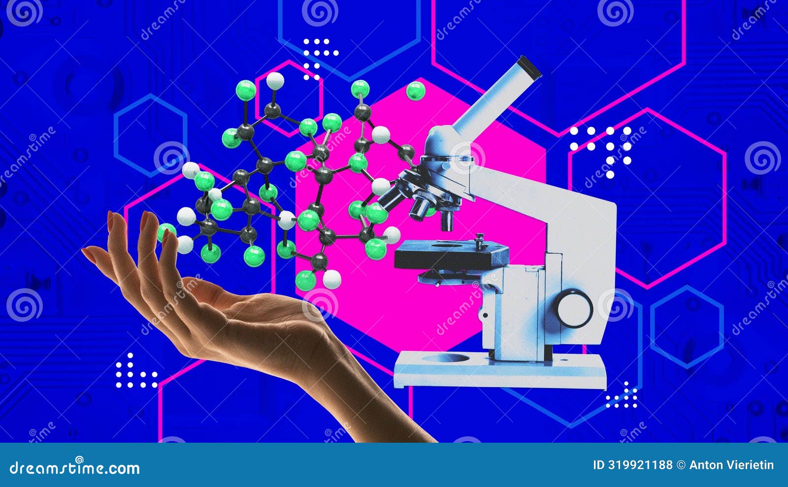 Contemporary Art Collage. Science and Technology Integration. Human Hand Holding Molecular ...