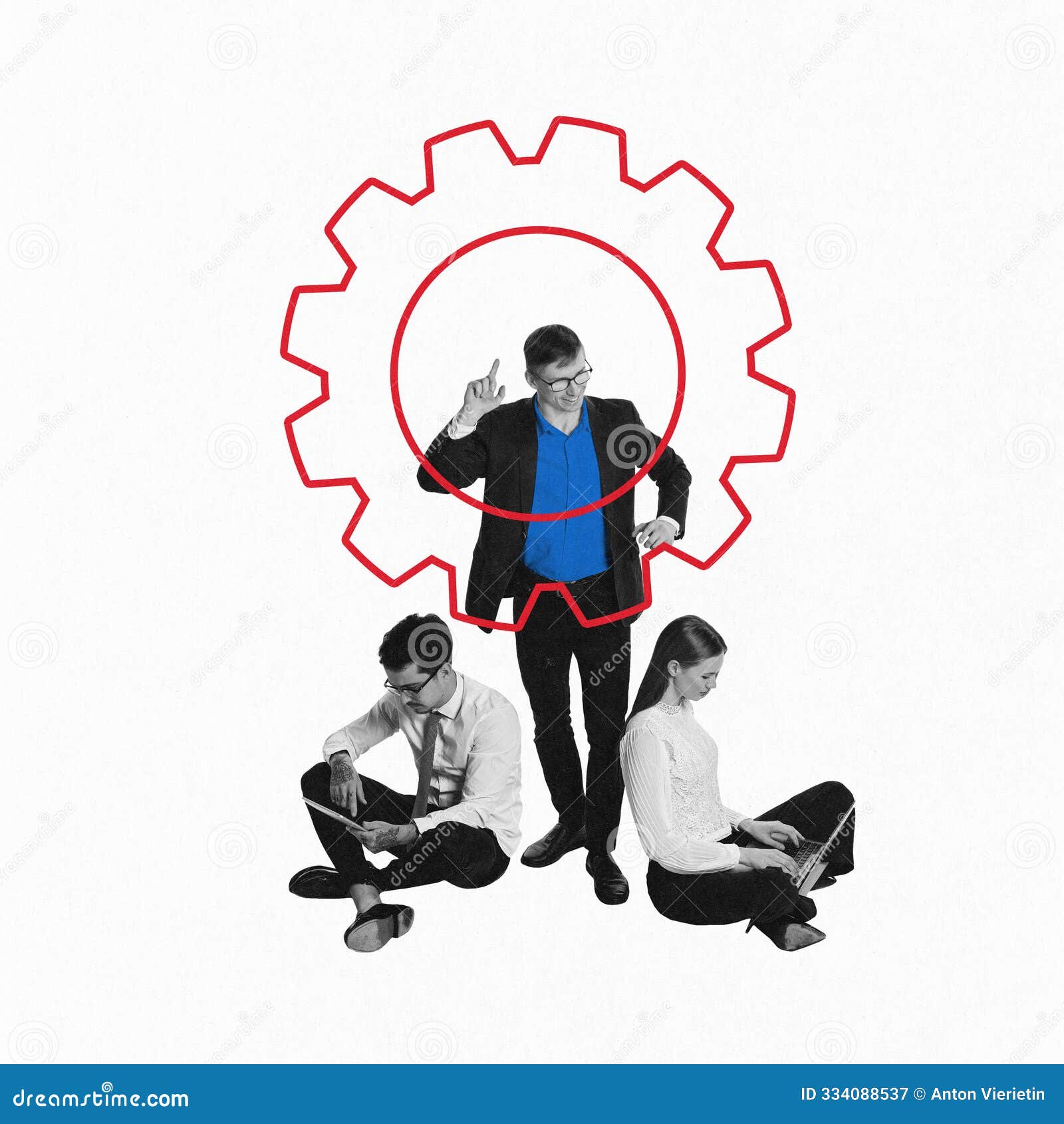 Contemporary Art Collage. Three Professionals Inside Gear, Highlighting ...