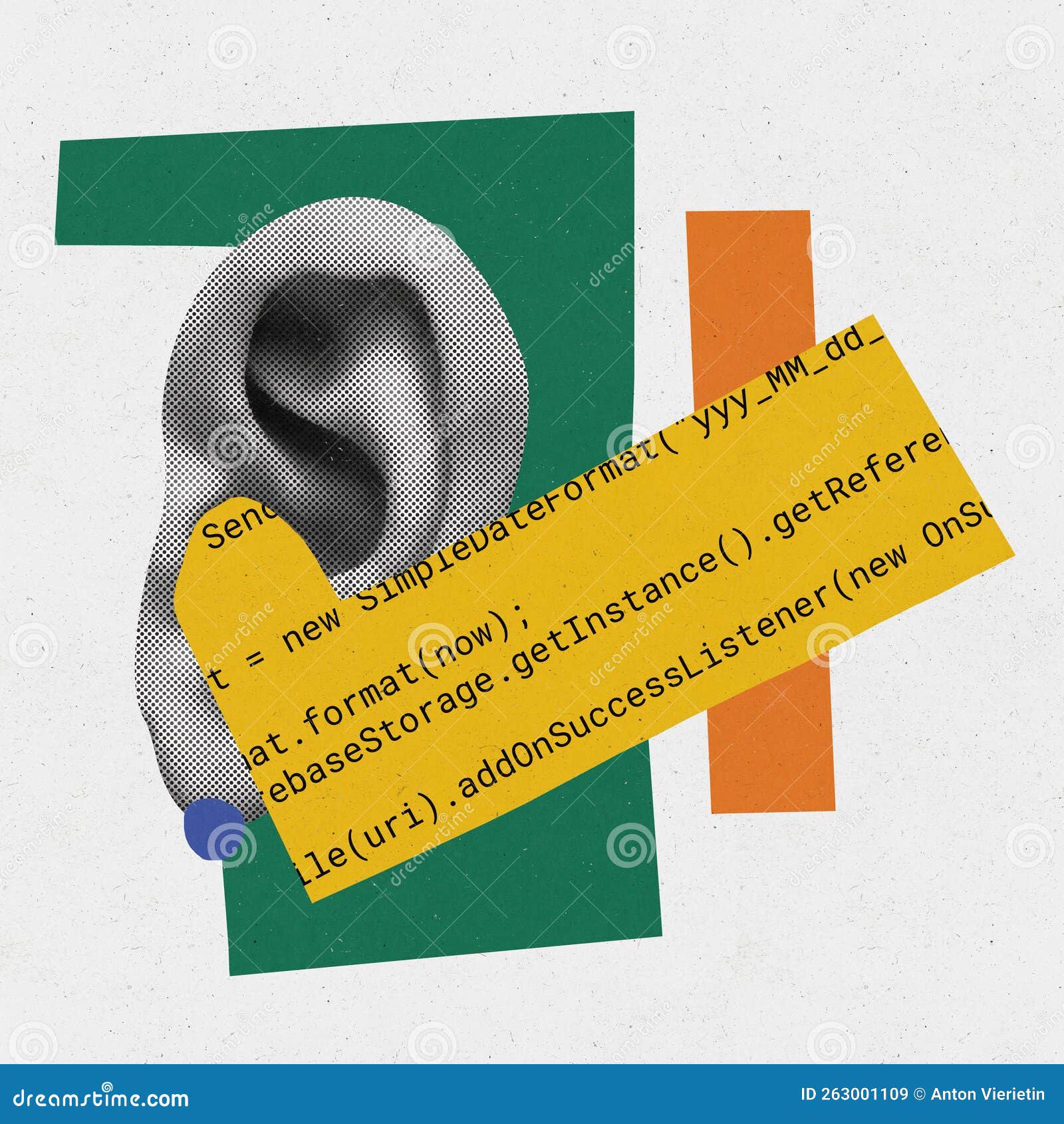 Contemporary Art Collage. Creative Design. Human Ear Listening To Data ...