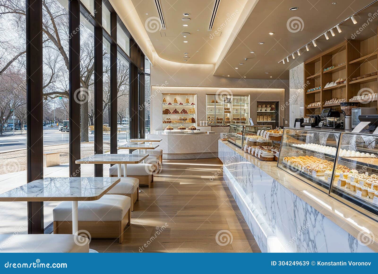 Contemporary Bakery Cafe with Spacious Interior, Marble Counters, and ...