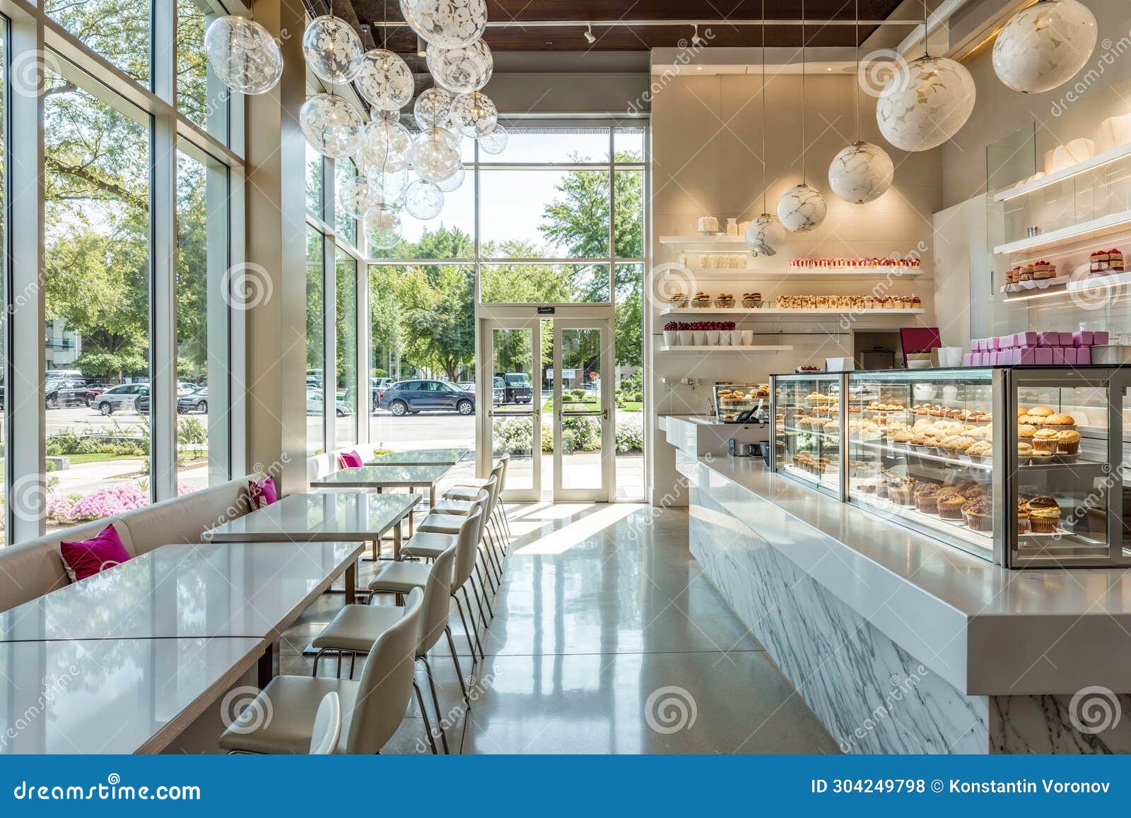 Contemporary Bakery Cafe with Spacious Interior, Marble Counters, and ...