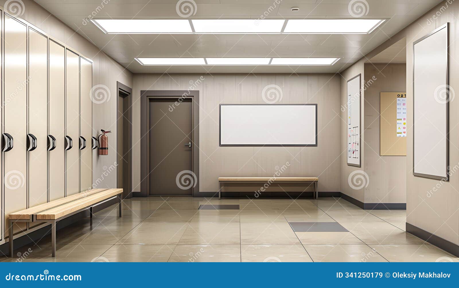 Contemporary Beige Locker Room Interior with Bench and Empty Poster ...