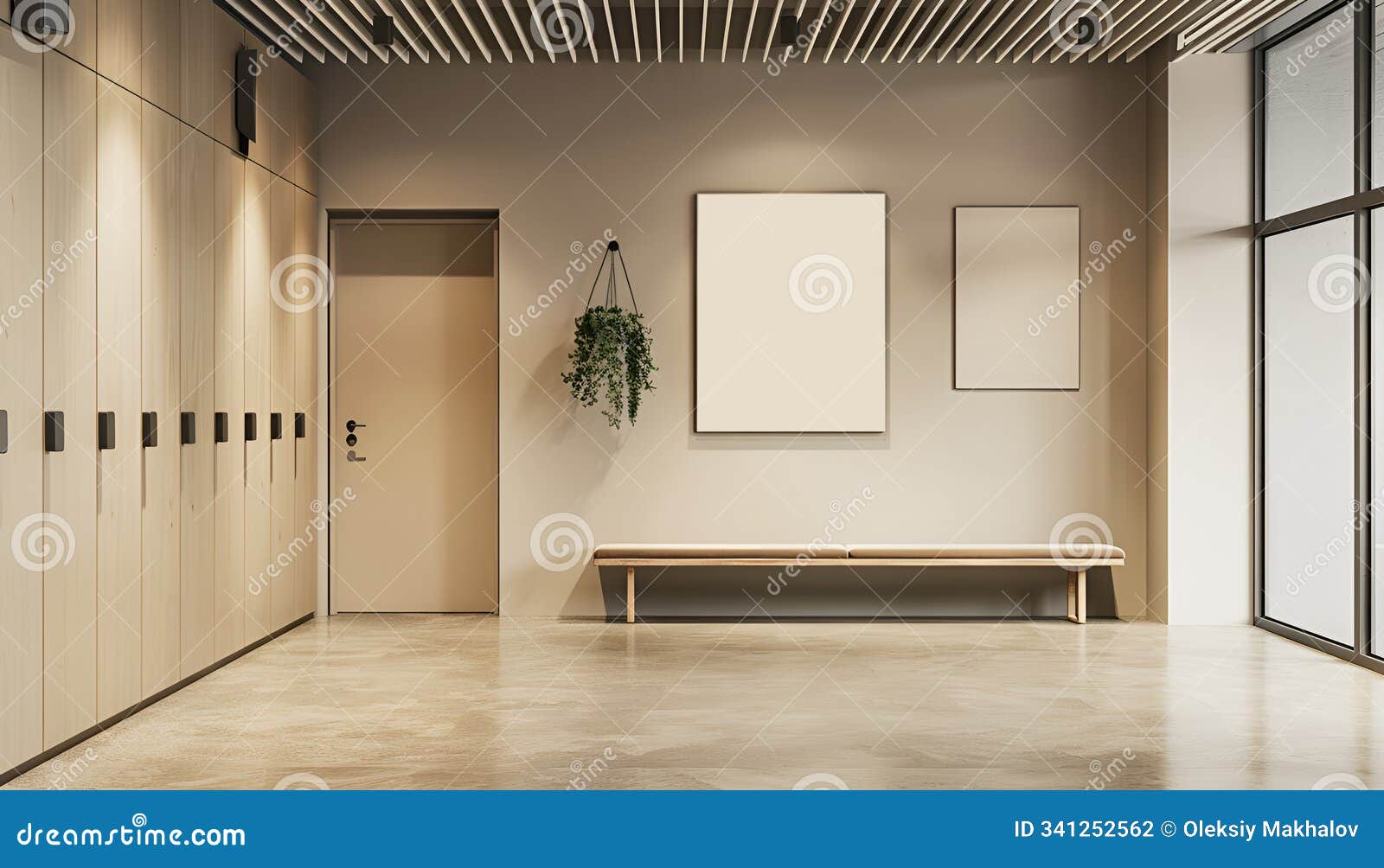 Contemporary Beige Locker Room Interior with Bench and Empty Poster ...