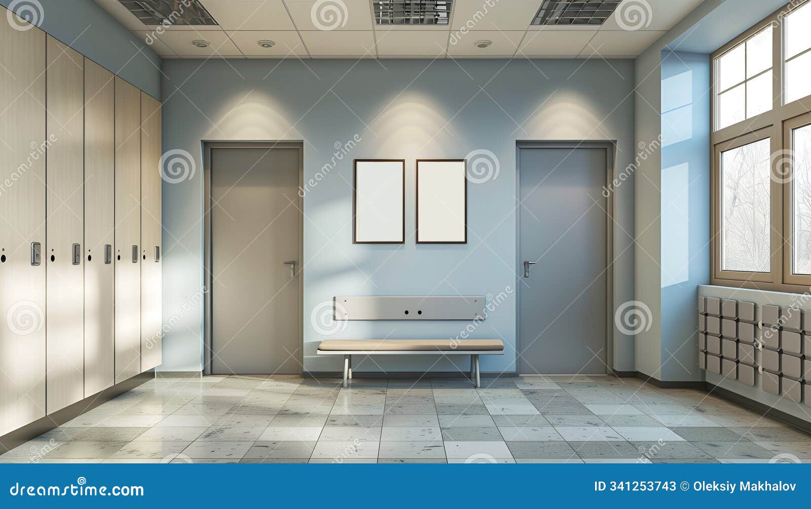 Contemporary Beige Locker Room Interior with Bench and Empty Poster ...