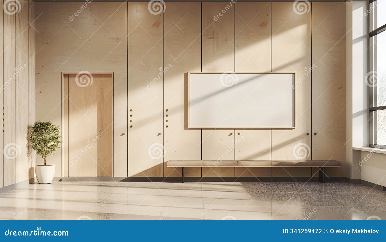 Contemporary Beige Locker Room Interior with Bench and Empty Poster ...