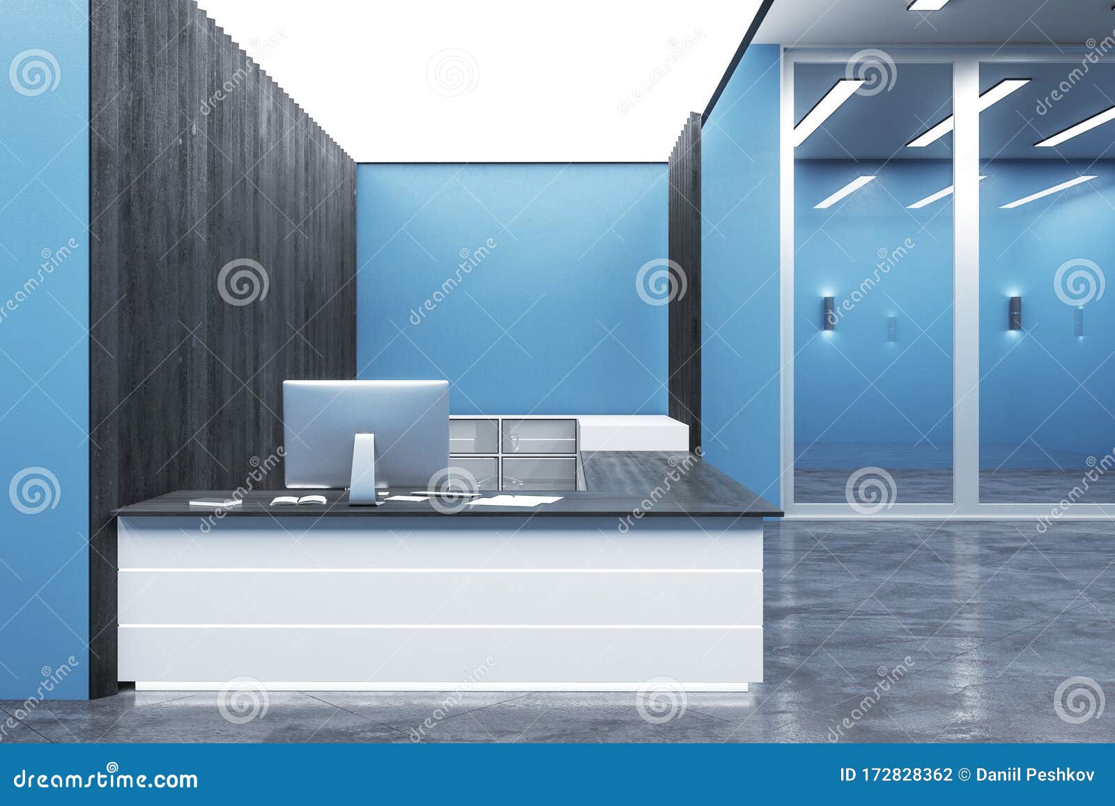 Contemporary Blue Reception Desk with Computer Stock Illustration ...