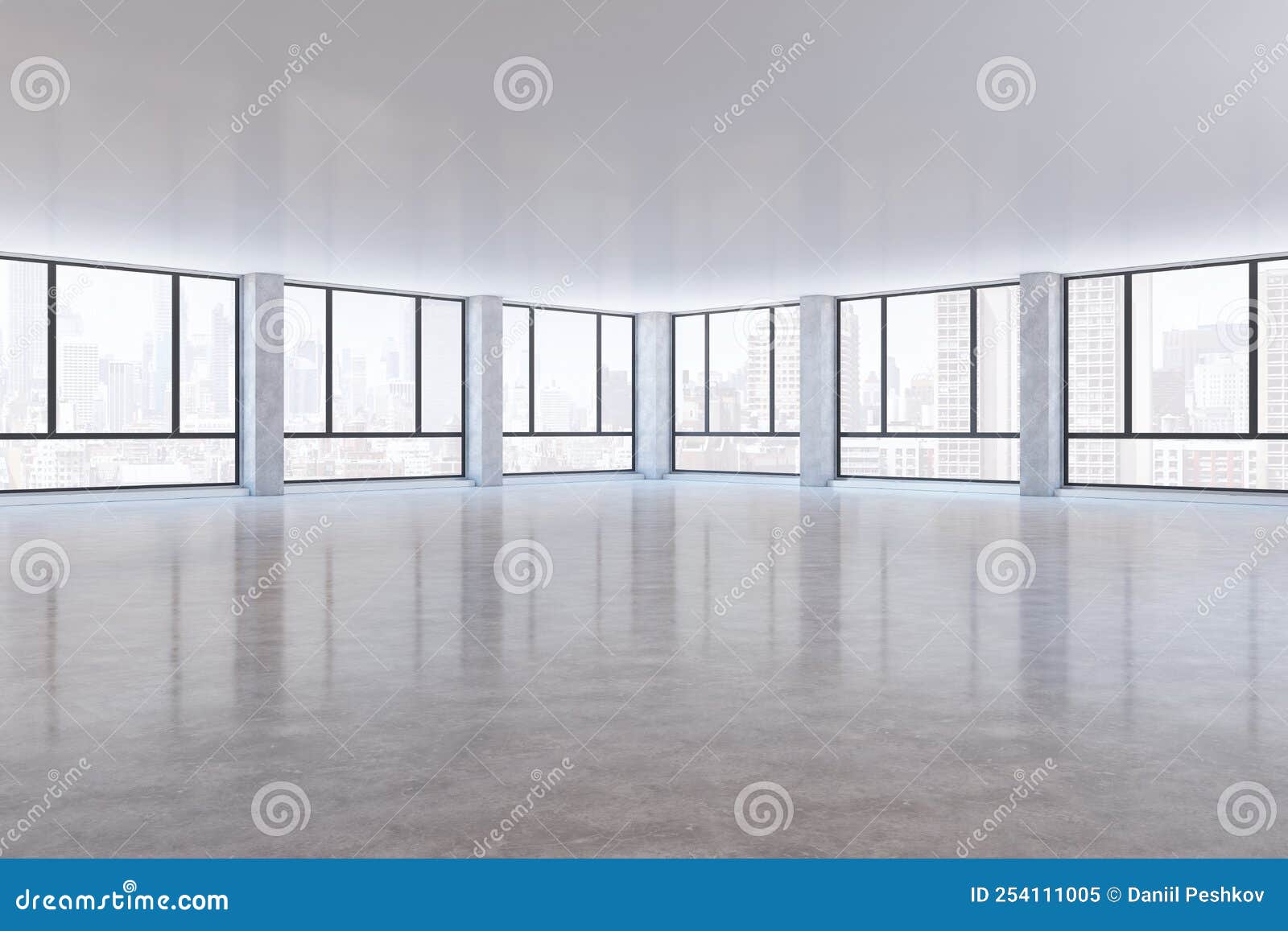 Contemporary Bright Room Interior with Panoramic Windows, Reflections ...