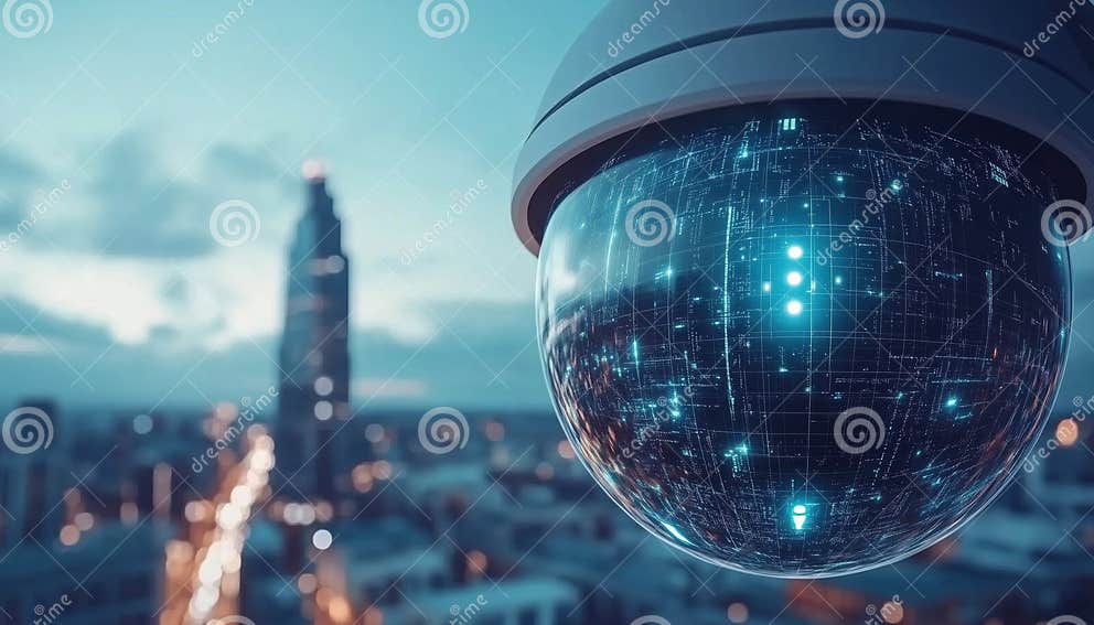 Contemporary Cctv Camera Over Cityscape with Double Exposure of Cyber ...