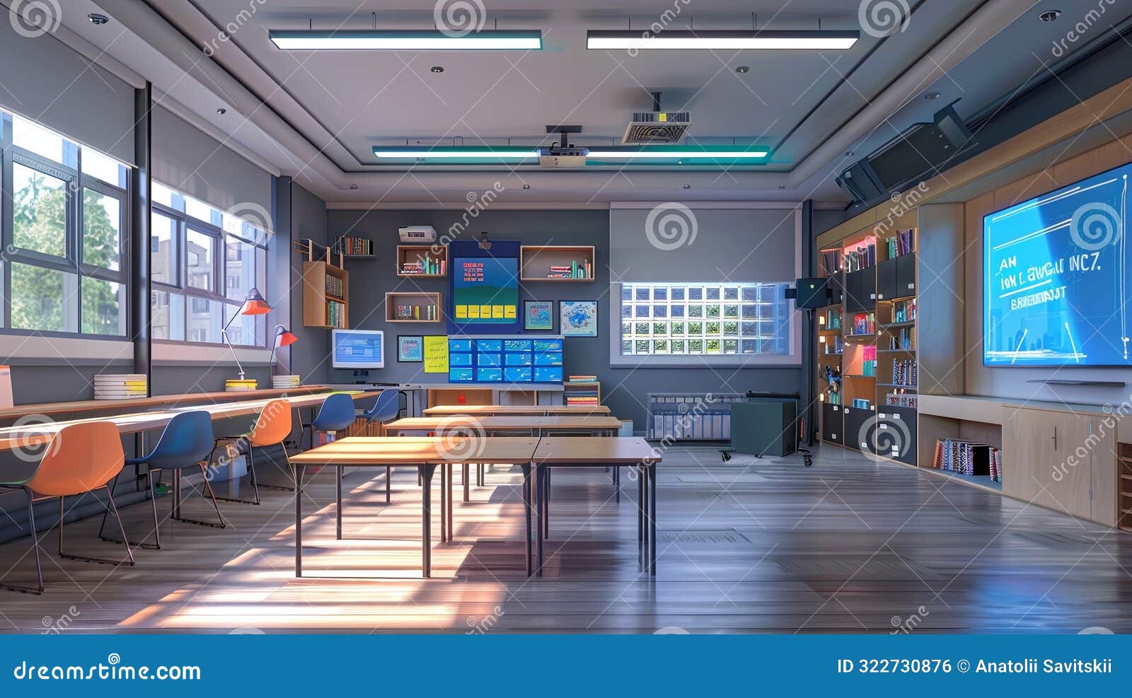 A Contemporary Classroom Features Interactive Panels and AI Assistants ...