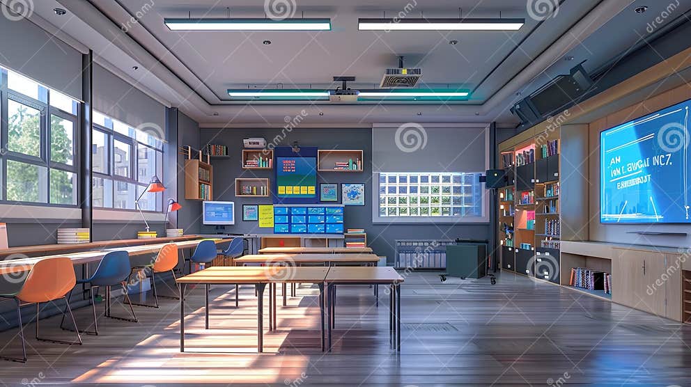 A Contemporary Classroom Features Interactive Panels and AI Assistants ...