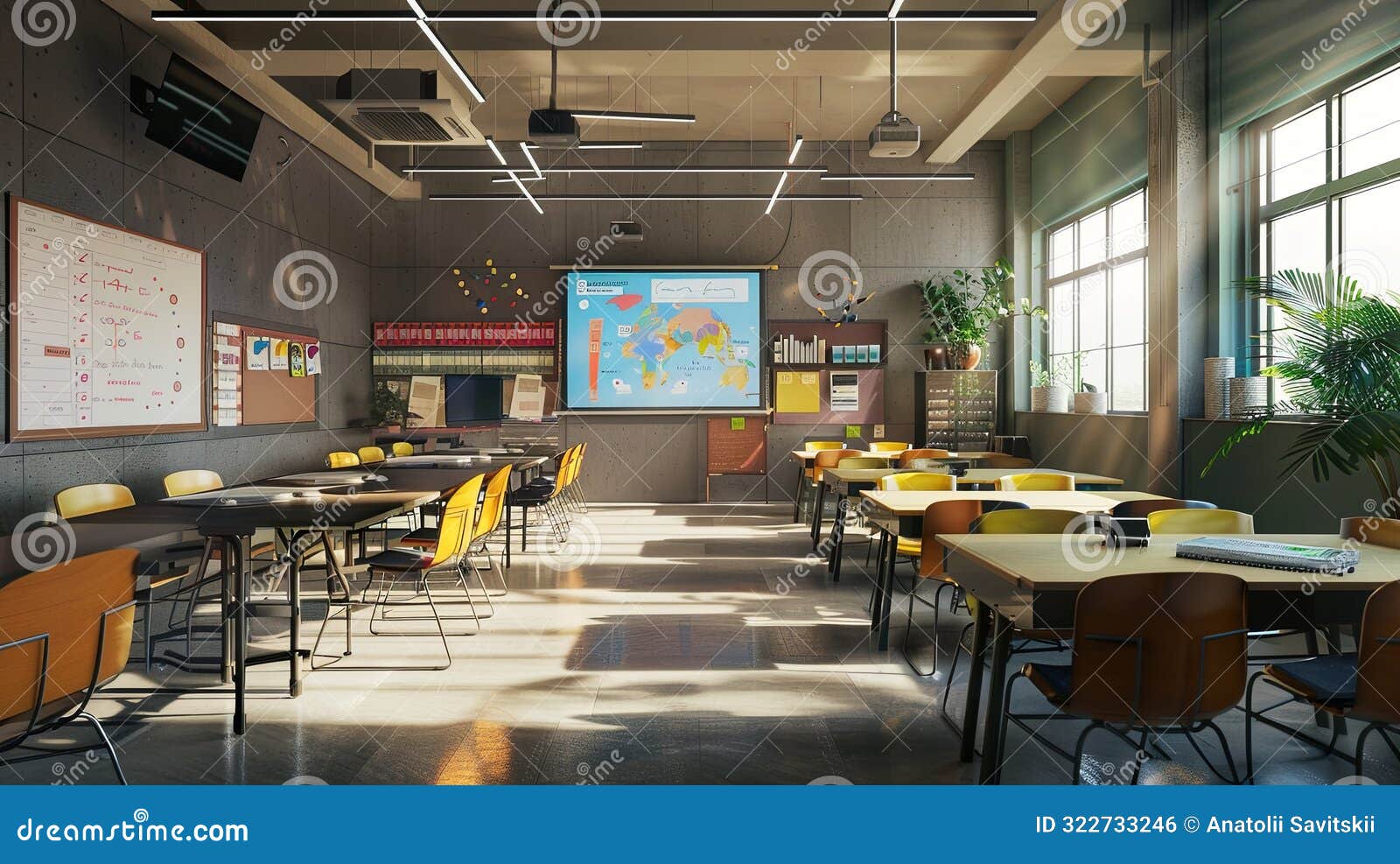 A Contemporary Classroom Features Interactive Panels and AI Assistants ...