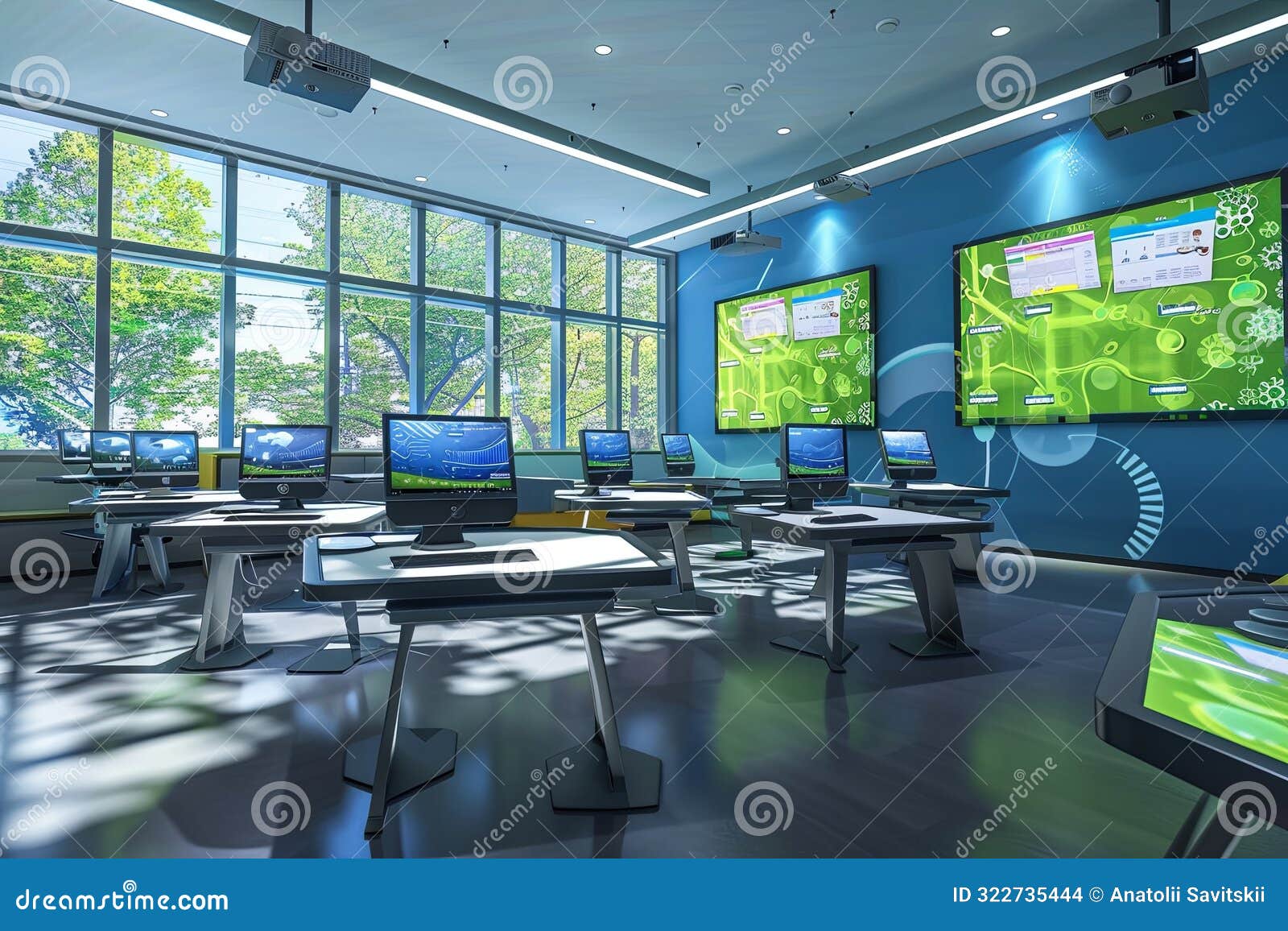 A Contemporary Classroom With Interactive Panels And AI Assistants, Creating A Modern And ...