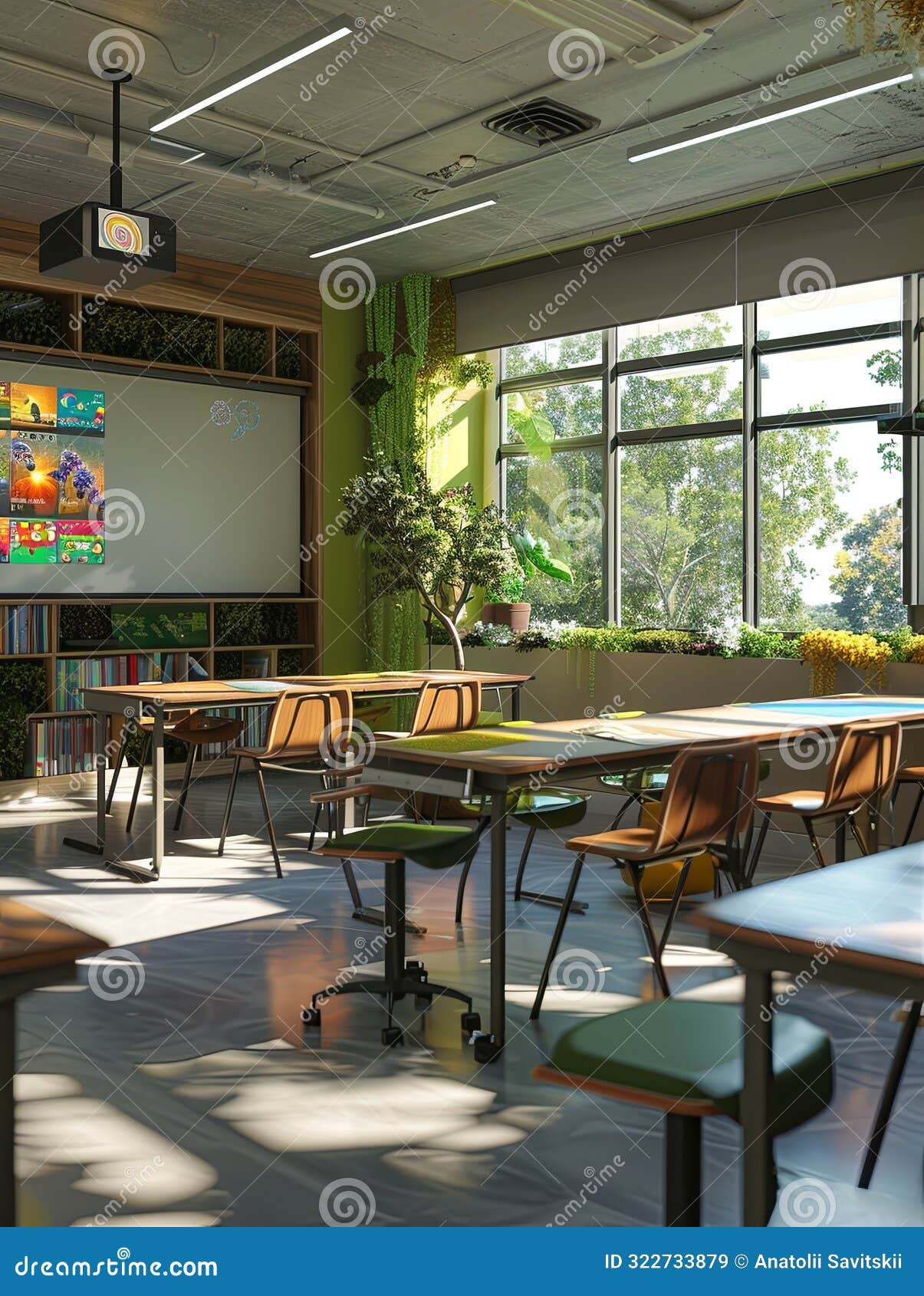 A Contemporary Classroom Featuring Modern Desks, Interactive Panels ...