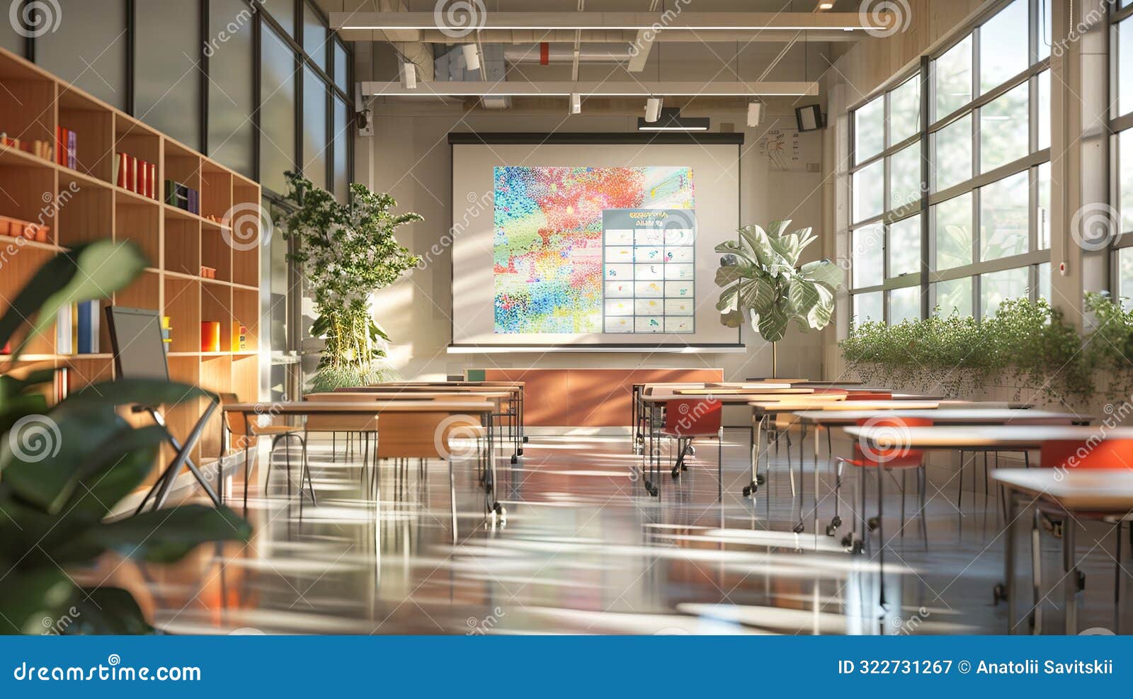 A Contemporary Classroom with Interactive Panels and AI Assistants, Designed To Enhance the ...