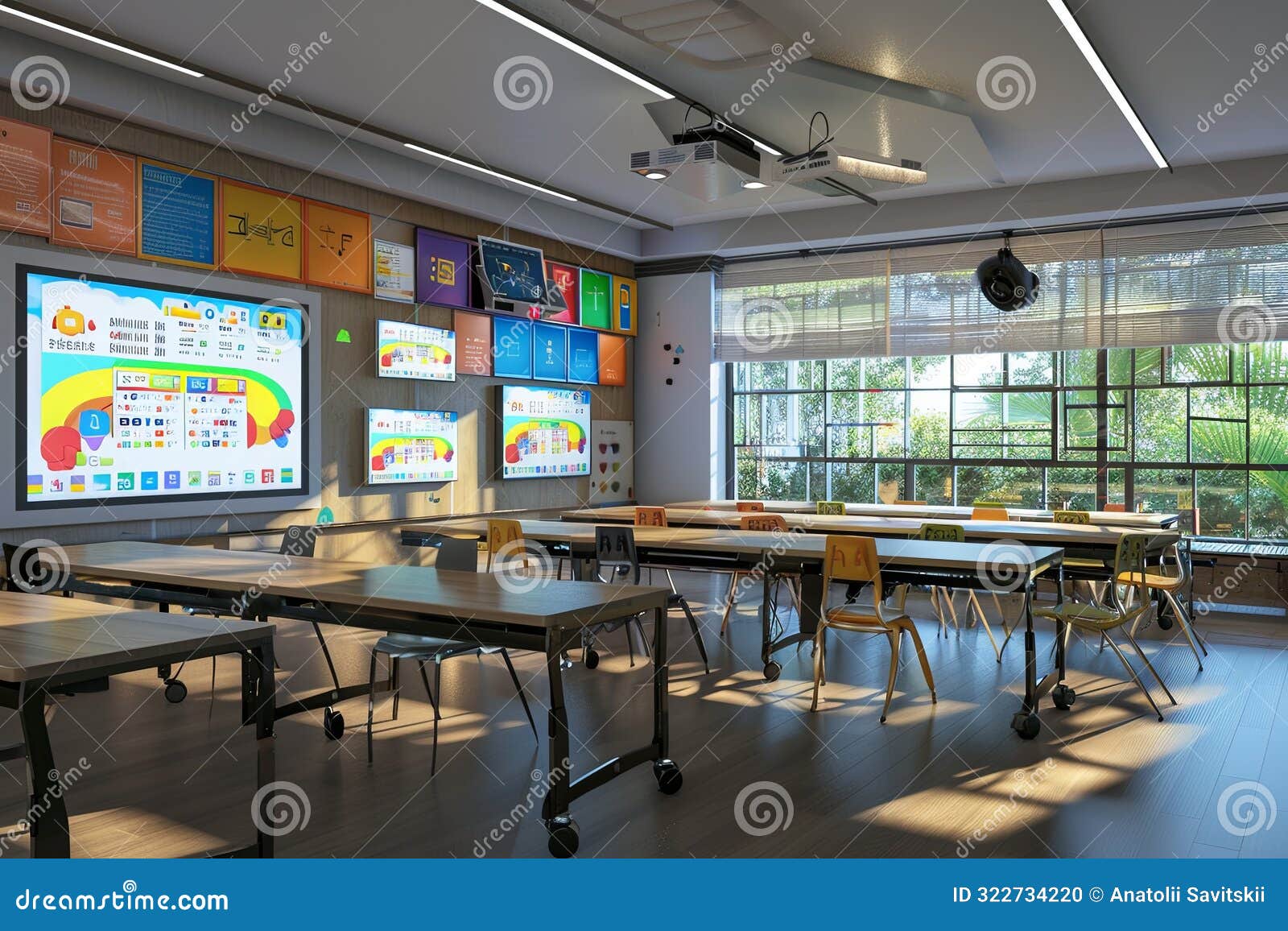 A Contemporary Classroom with Interactive Panels and AI Assistants for Enhanced Learning. the ...