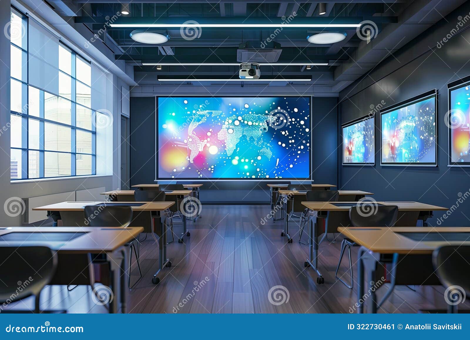 A Contemporary Classroom with Interactive Panels and AI Assistants ...