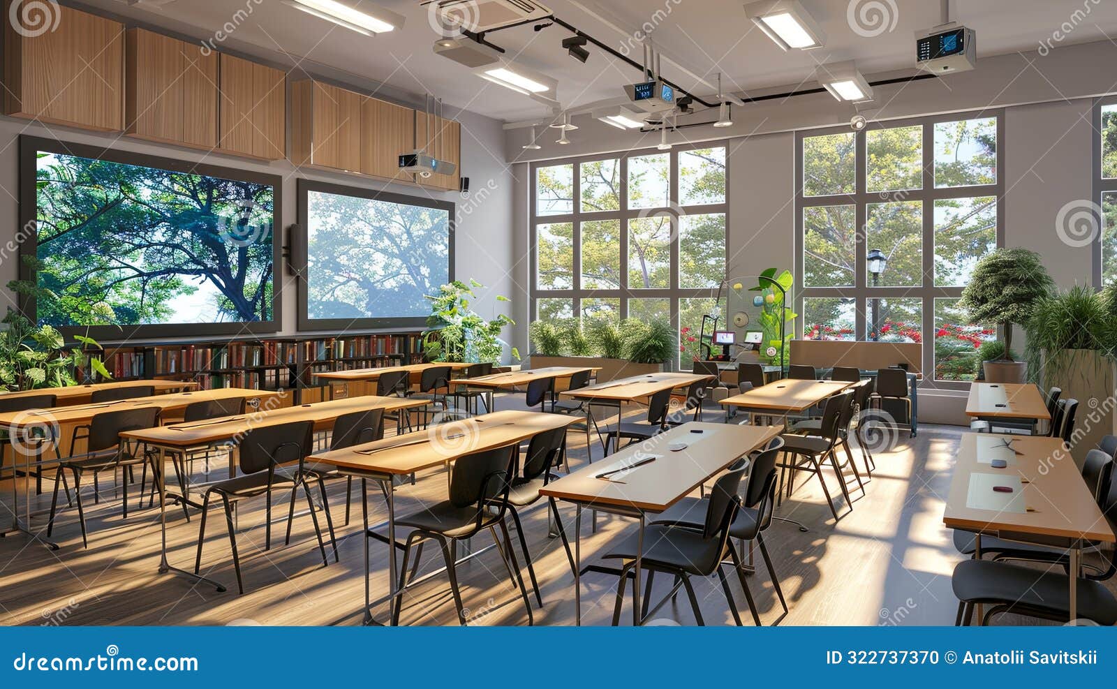 A Contemporary Classroom with Large Interactive Screens, Modern Desks ...