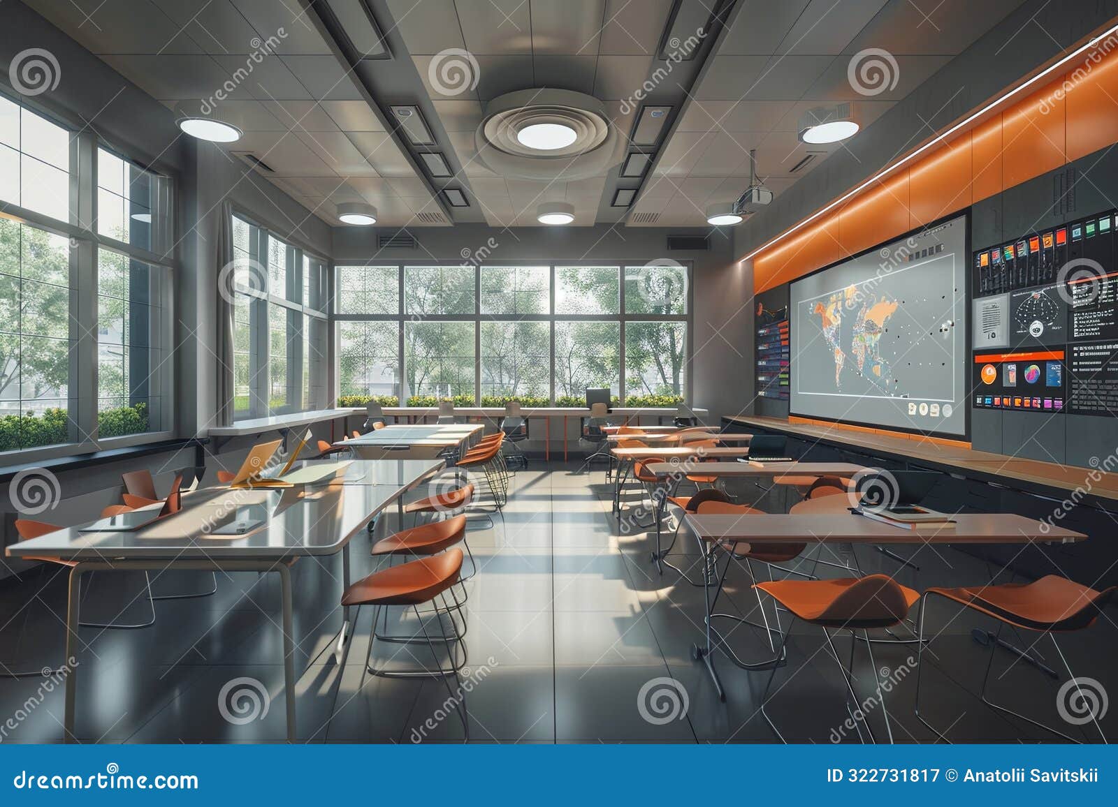 A Contemporary Classroom with Large Windows, Interactive Panels, and AI ...