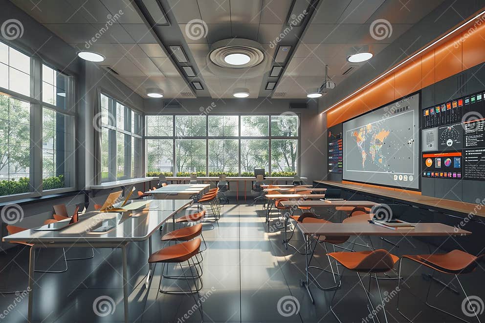 A Contemporary Classroom with Large Windows, Interactive Panels, and AI ...