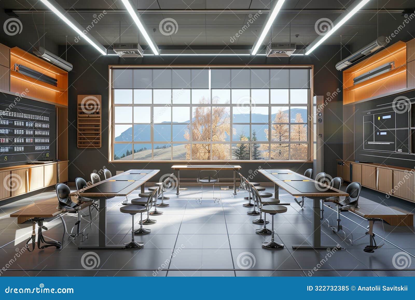 A Contemporary Classroom with Large Windows, Interactive Panels, and ...