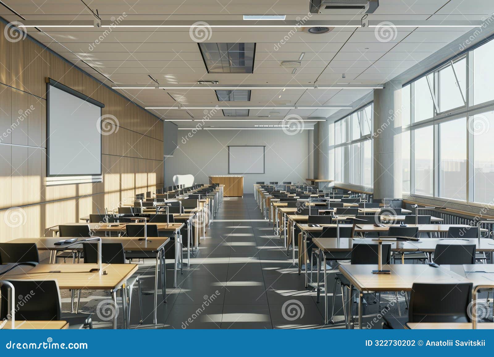 A Contemporary Classroom with Rows of Desks and Chairs, Interactive ...