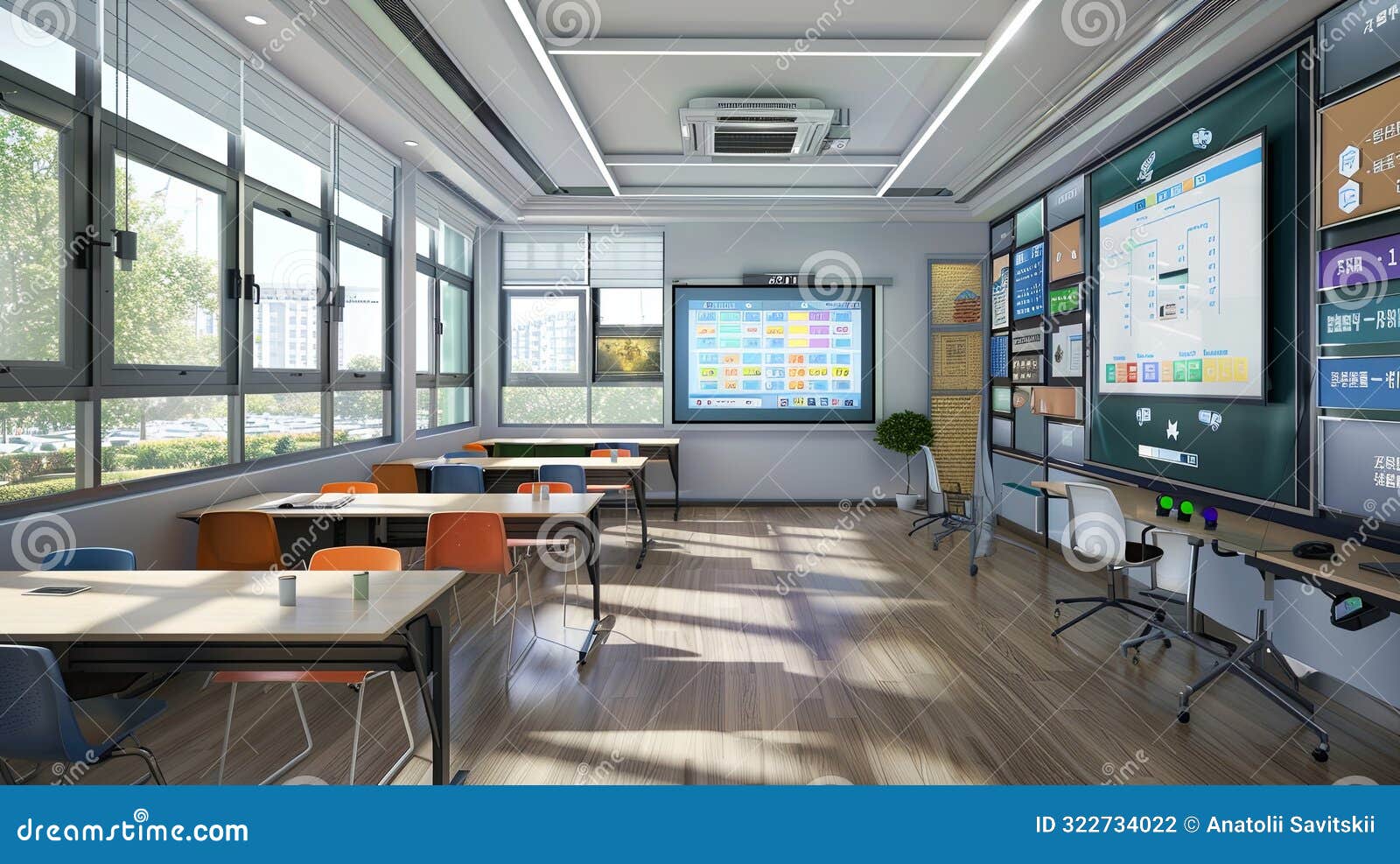A Contemporary Classroom or Study Space Featuring Interactive Panels ...