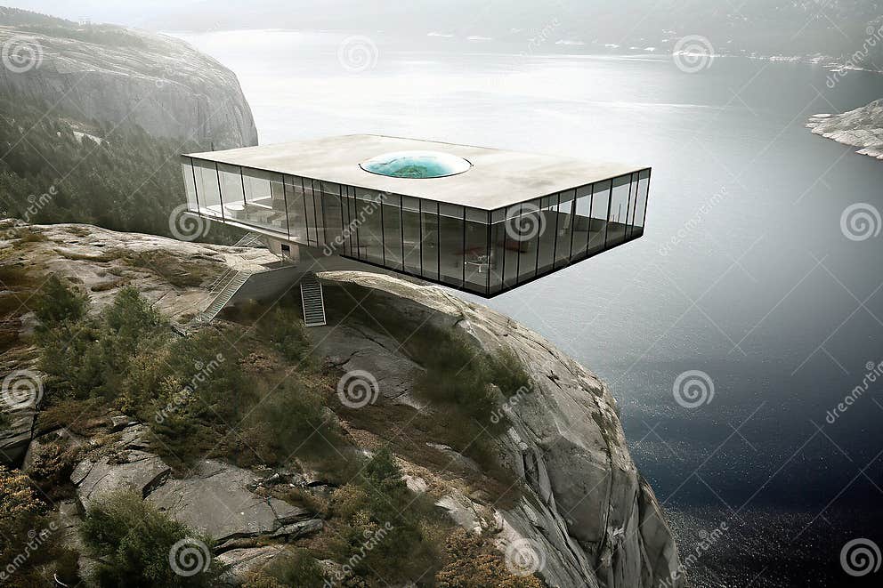 A Contemporary Cliffside Residence with River Views Stock Illustration ...