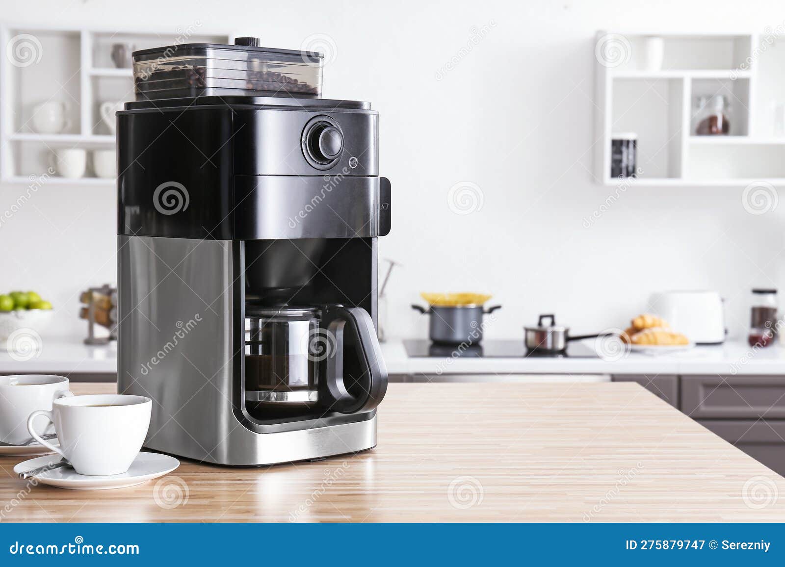 Modern Coffee Machine on Kitchen Table Stock Image - Image of morning ...