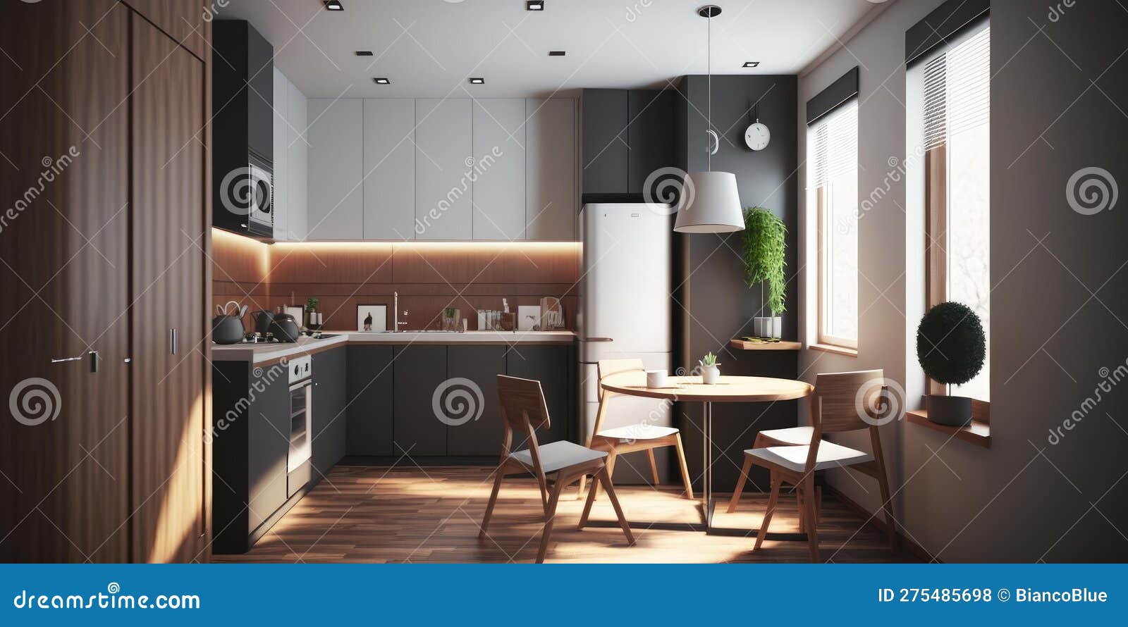 Contemporary Compact Design of Modern Kitchen in Stylish Home Stock ...