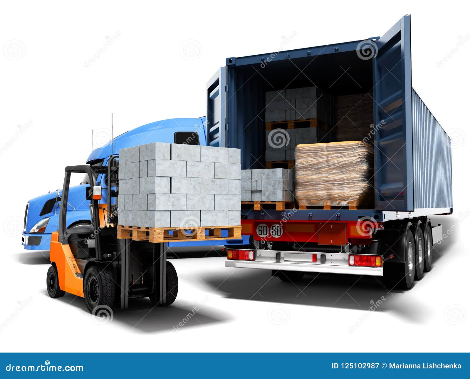 Contemporary Concept of Loading and Unloading Cargo from Blue Tractor ...