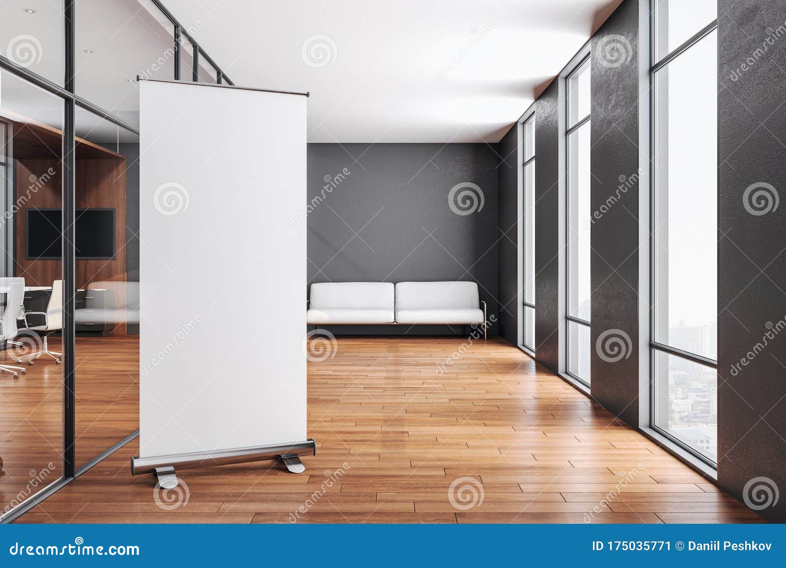 Contemporary Conference Interior with Blank Banner Stock Illustration ...