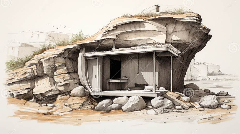 Contemporary Constructivist Cave Cabin Luxury Tiny Home Sketch Stock ...