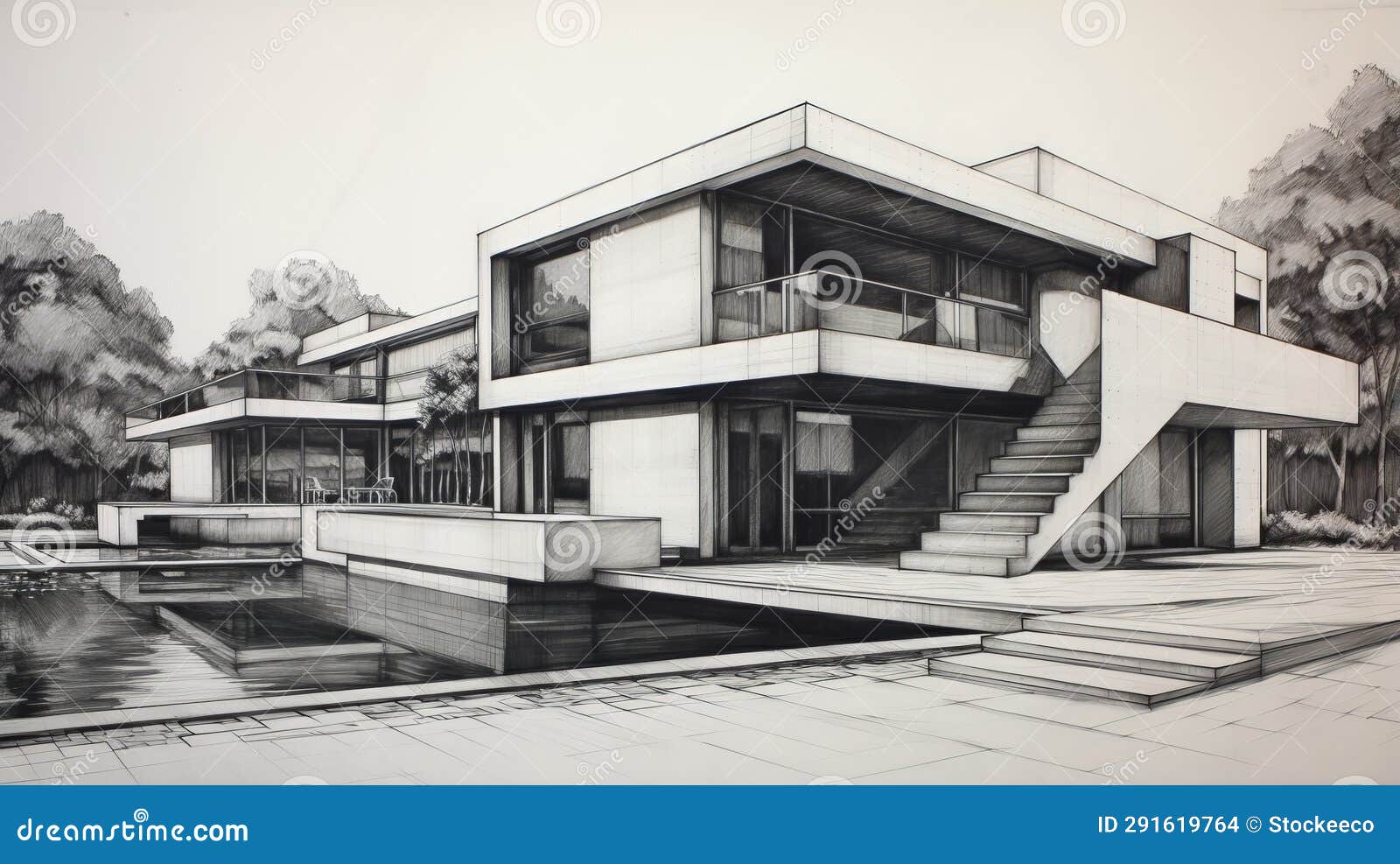 Modern House Pencil Drawing: Realist Landscapes with Sharp Perspective ...