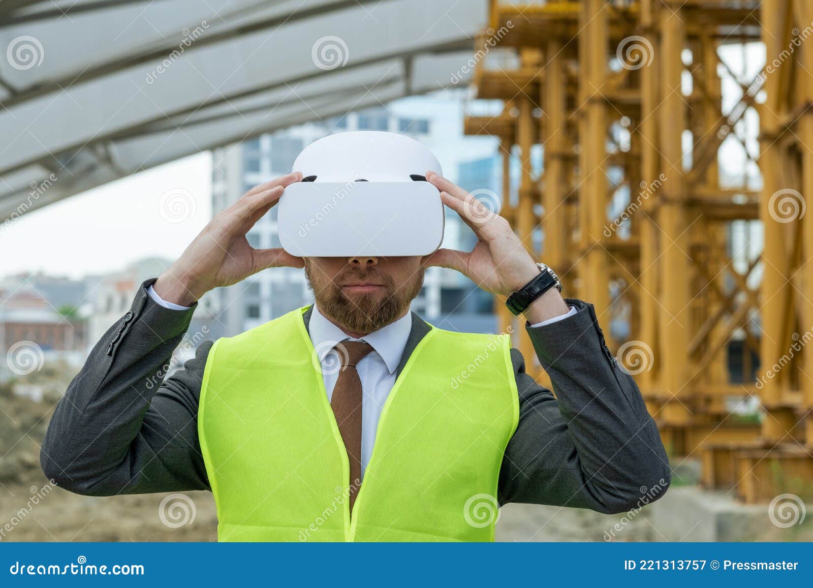 Contemporary Contractor in Vr Headset Looking Around Construction Site ...