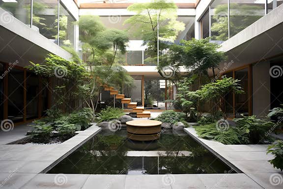 Contemporary Courtyard with Central Courtyard and Floating Steps ...