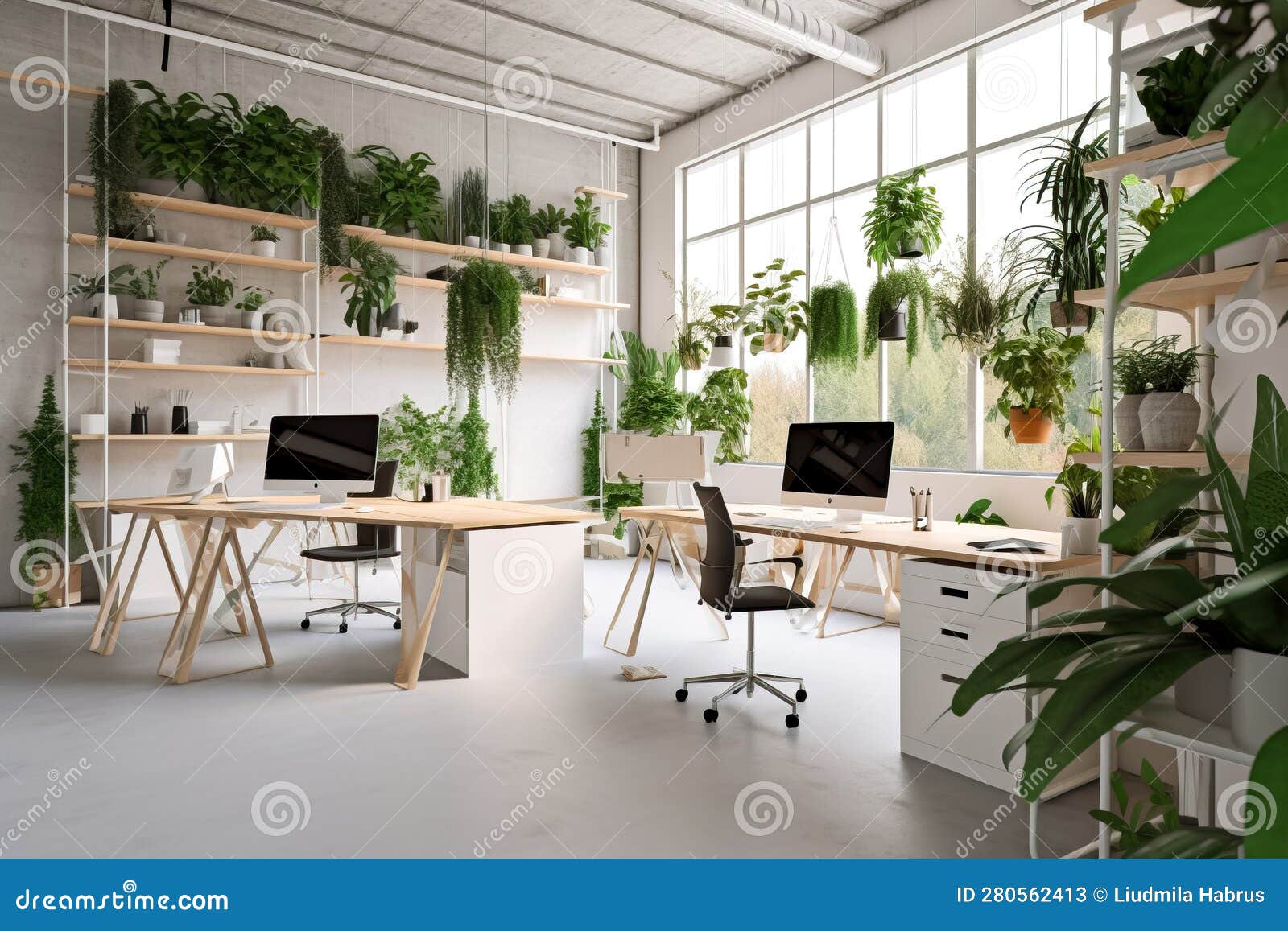 Contemporary Coworking Office Interior with Computers and Plants ...