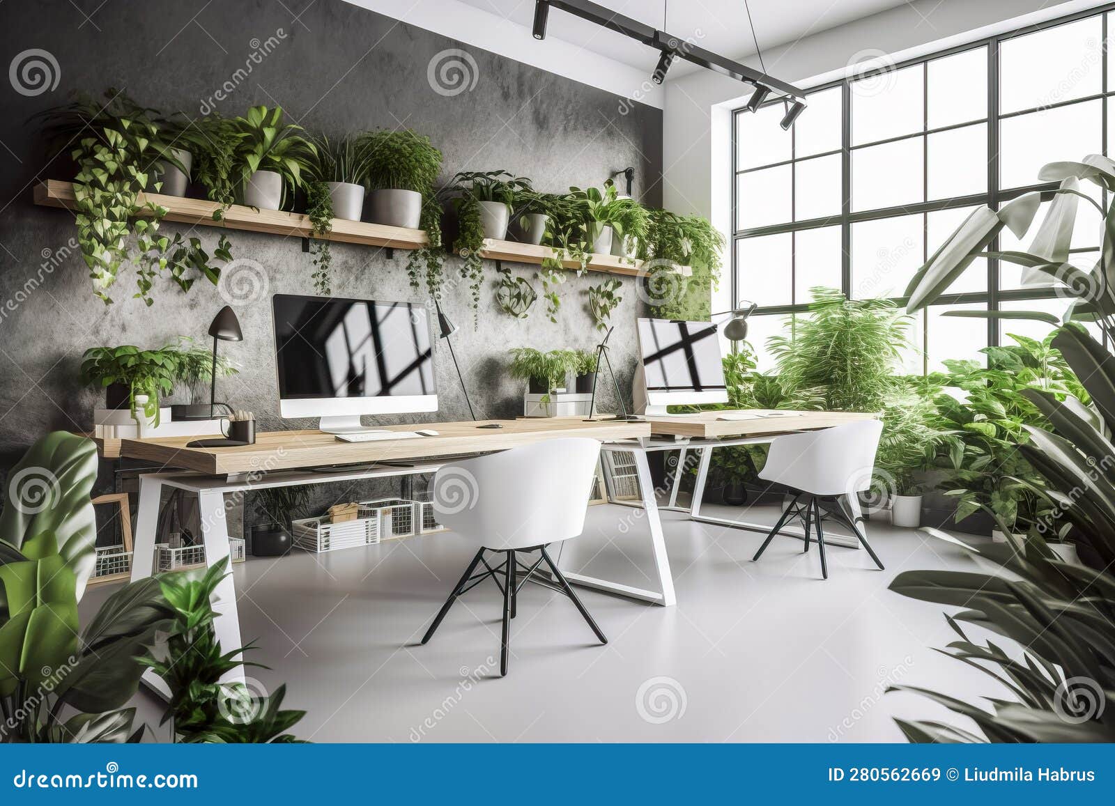 Contemporary Coworking Office Interior with Computers and Plants ...