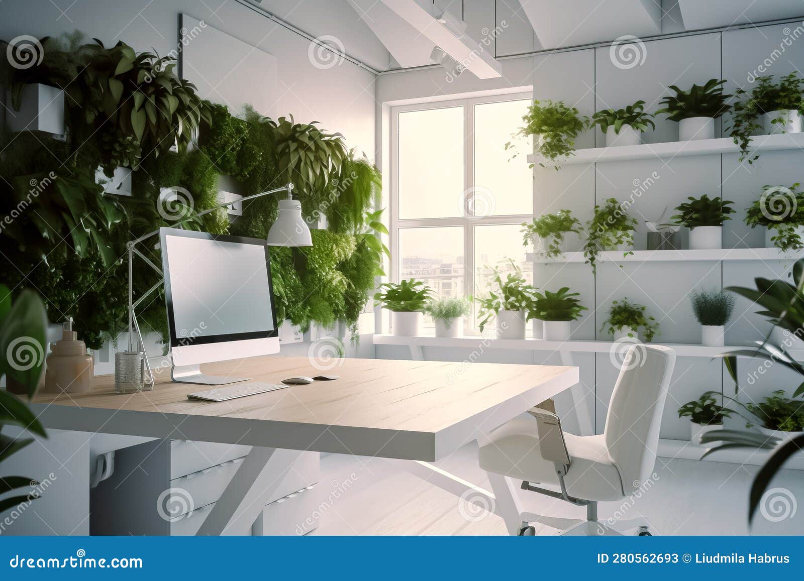Contemporary Coworking Office Interior with Computers and Plants ...
