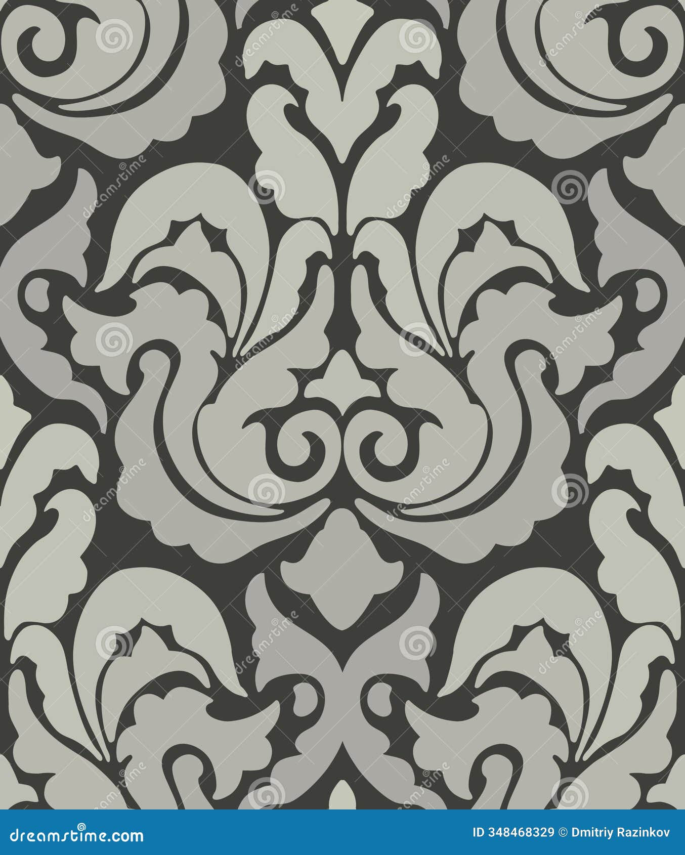 Contemporary Damask Design in Black and Light Gray with Stylized Ornamental and Floral Patterns ...