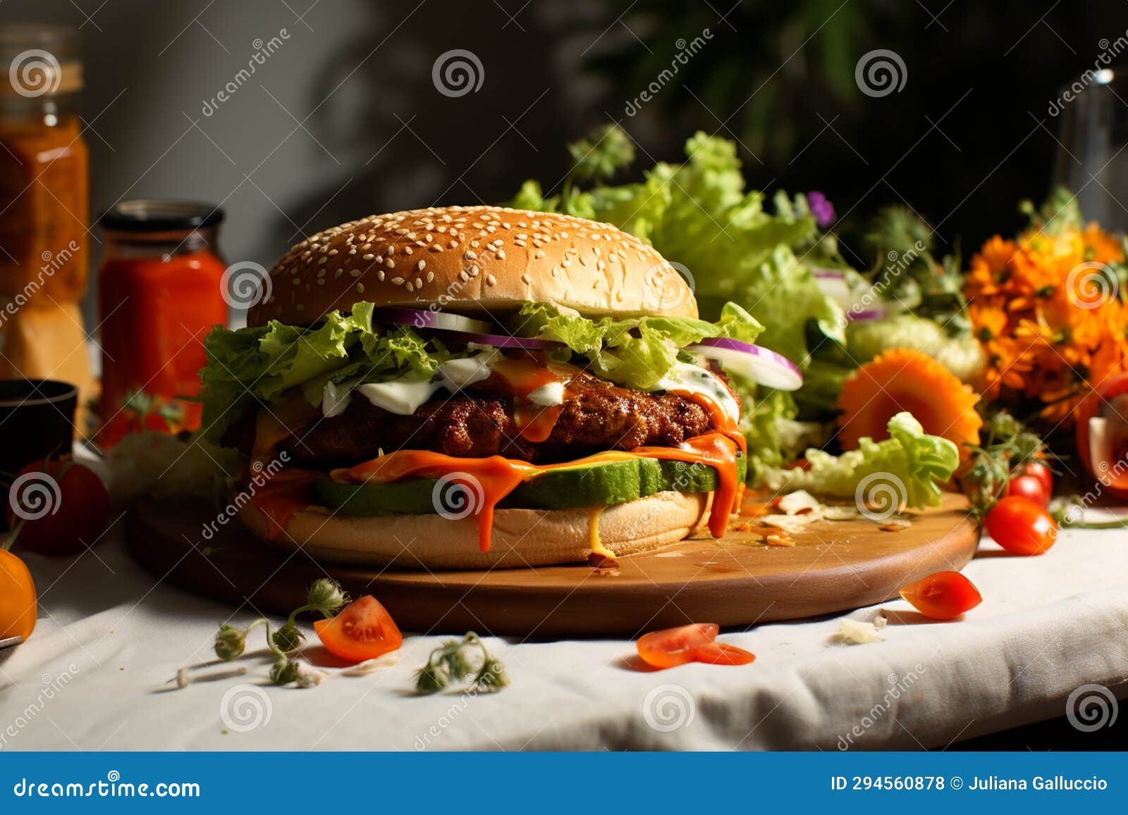 Deconstructed Burger Layers Floating On Pastel Background With Copy ...